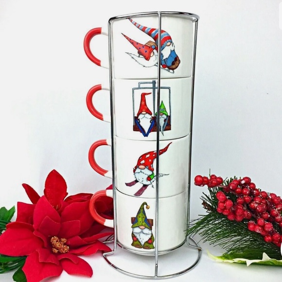 Holiday | Set Of 4 Christmas Gnomes Ceramic Stackable Coffee Mugs With ...